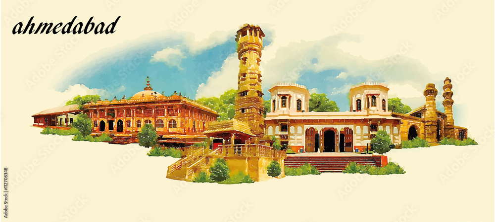 Poster AHMEDABAD city water color panoramic vector illustration – Wall ...