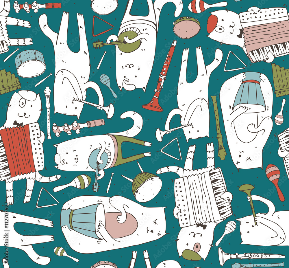 Seamless pattern with musician cats and music instruments in bright ...