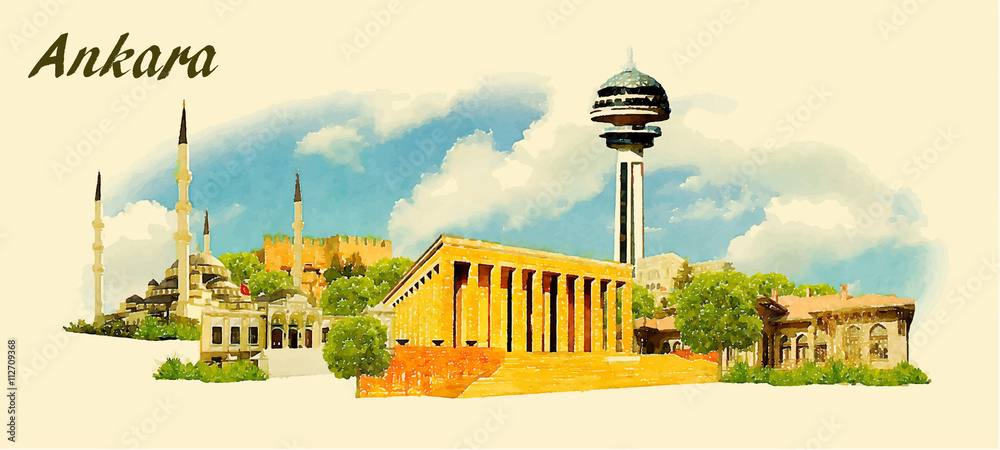 vector panoramic water color illustration of ANKARA city Stock Vector ...