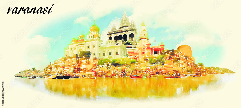 VARANASI vector panoramic water color illustration Stock Vector | Adobe ...