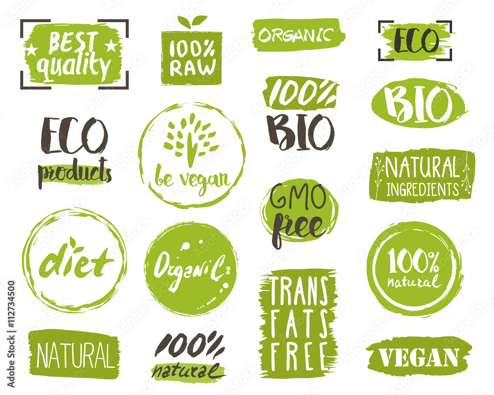 Healthy food icons, labels. Organic tags. Natural product elements ...