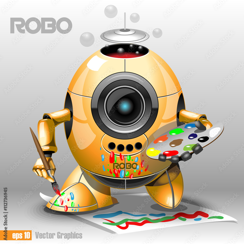 3d orange robo eyeborg painting with a pencil on a paper, holding in ...