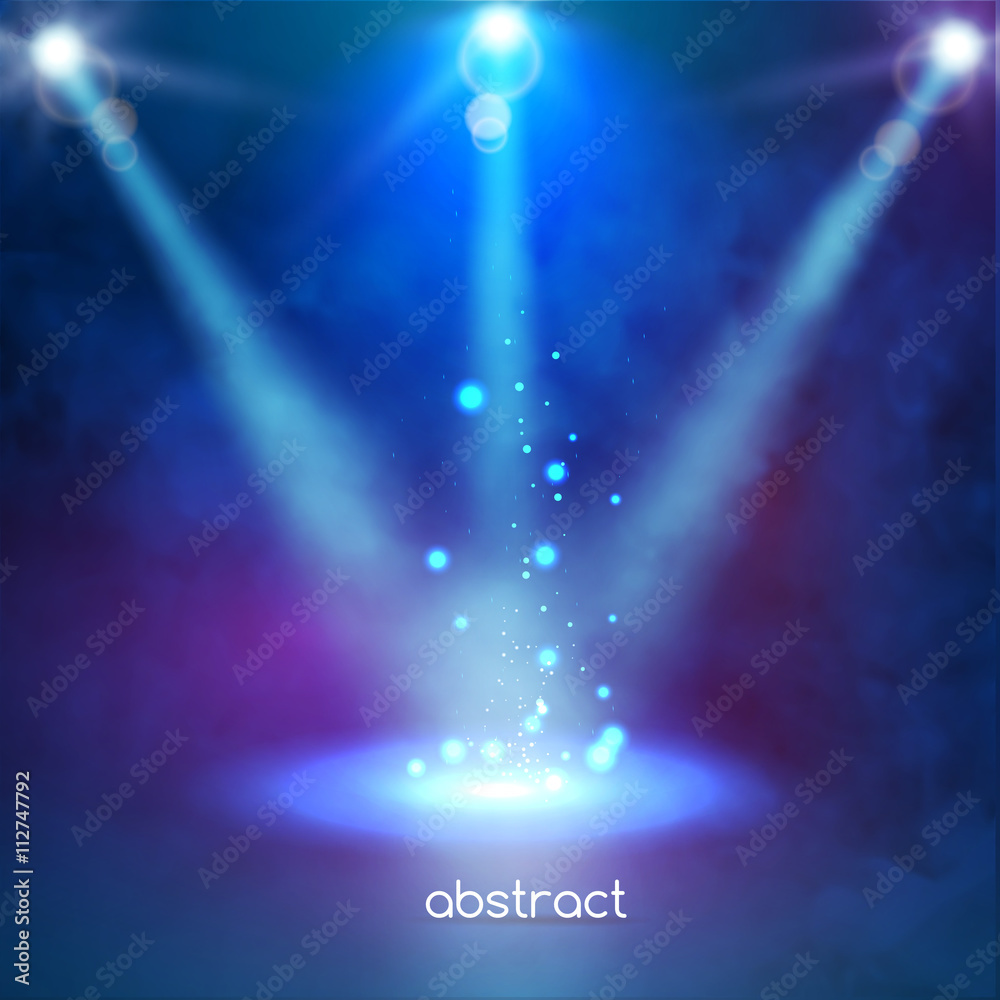 Premiere Blue Show background sparkles. Smoky vector stage shining with ...