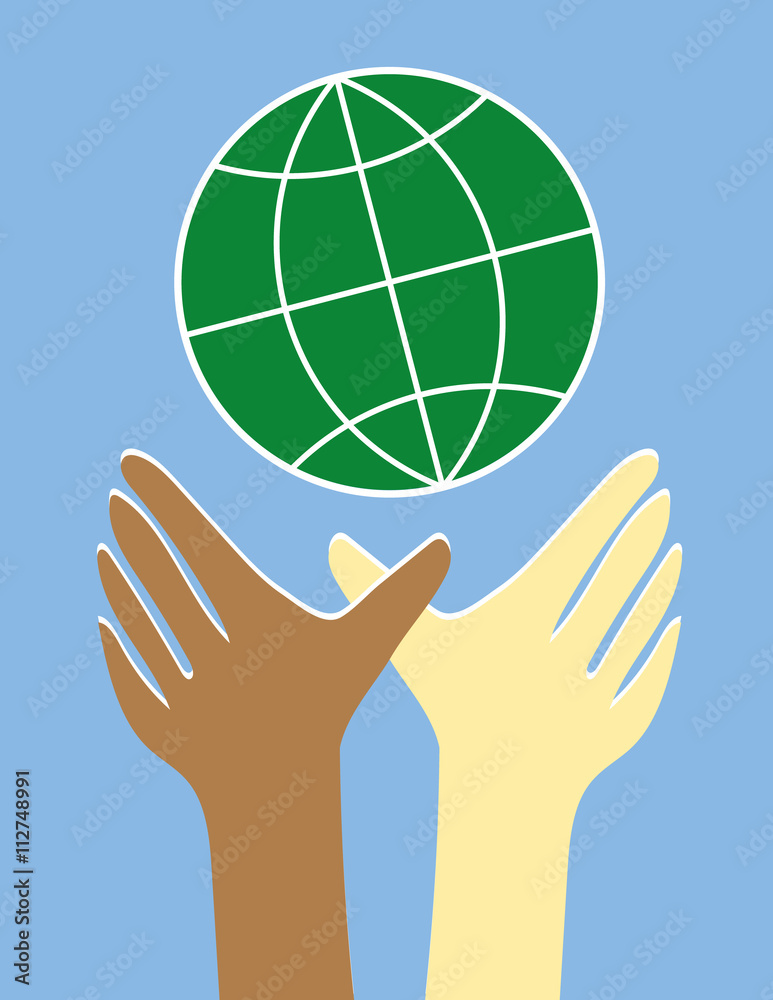 Two hands and arms in brown and white reaching upwards to a stylized ...