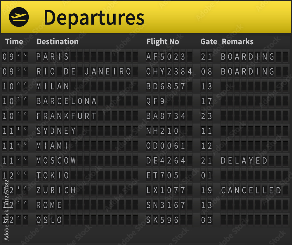 Airport timetable showing departure destinations. Worldwide ...