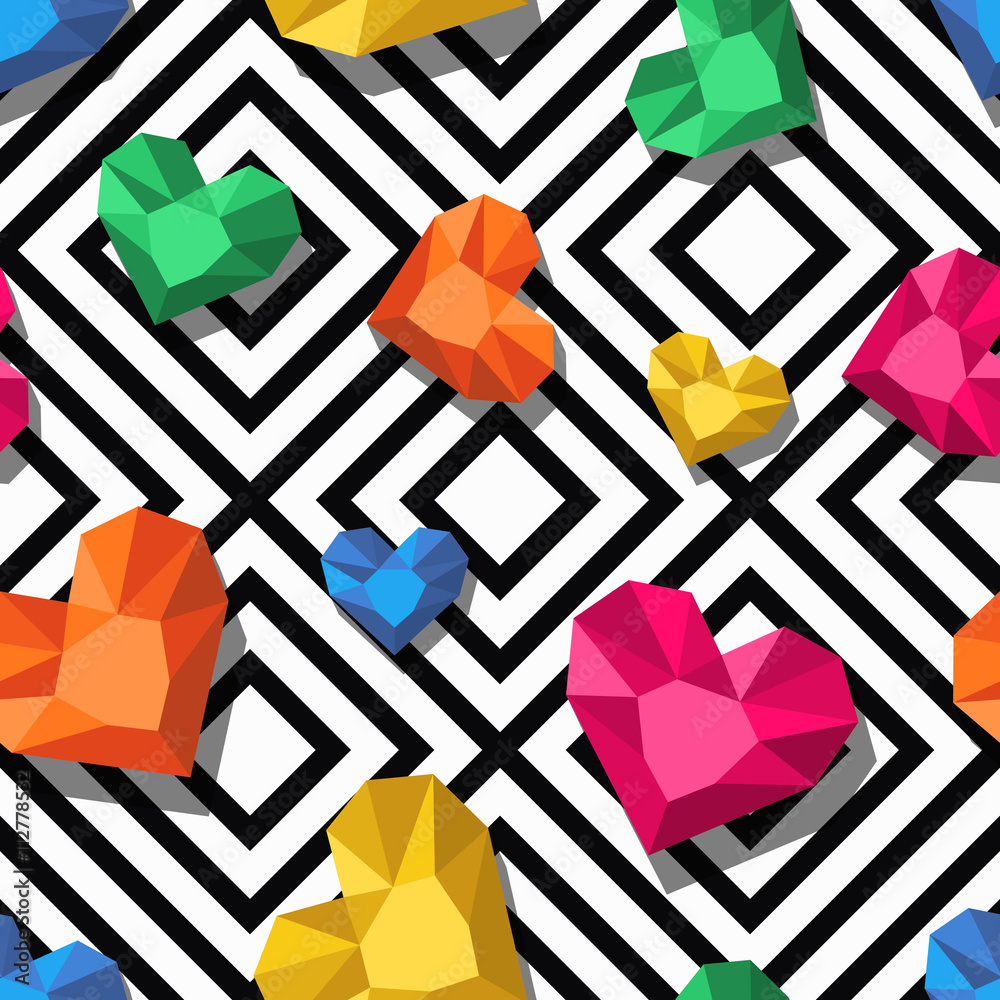 Vector seamless pattern with 3d stylized jewel, gems in heart shape ...