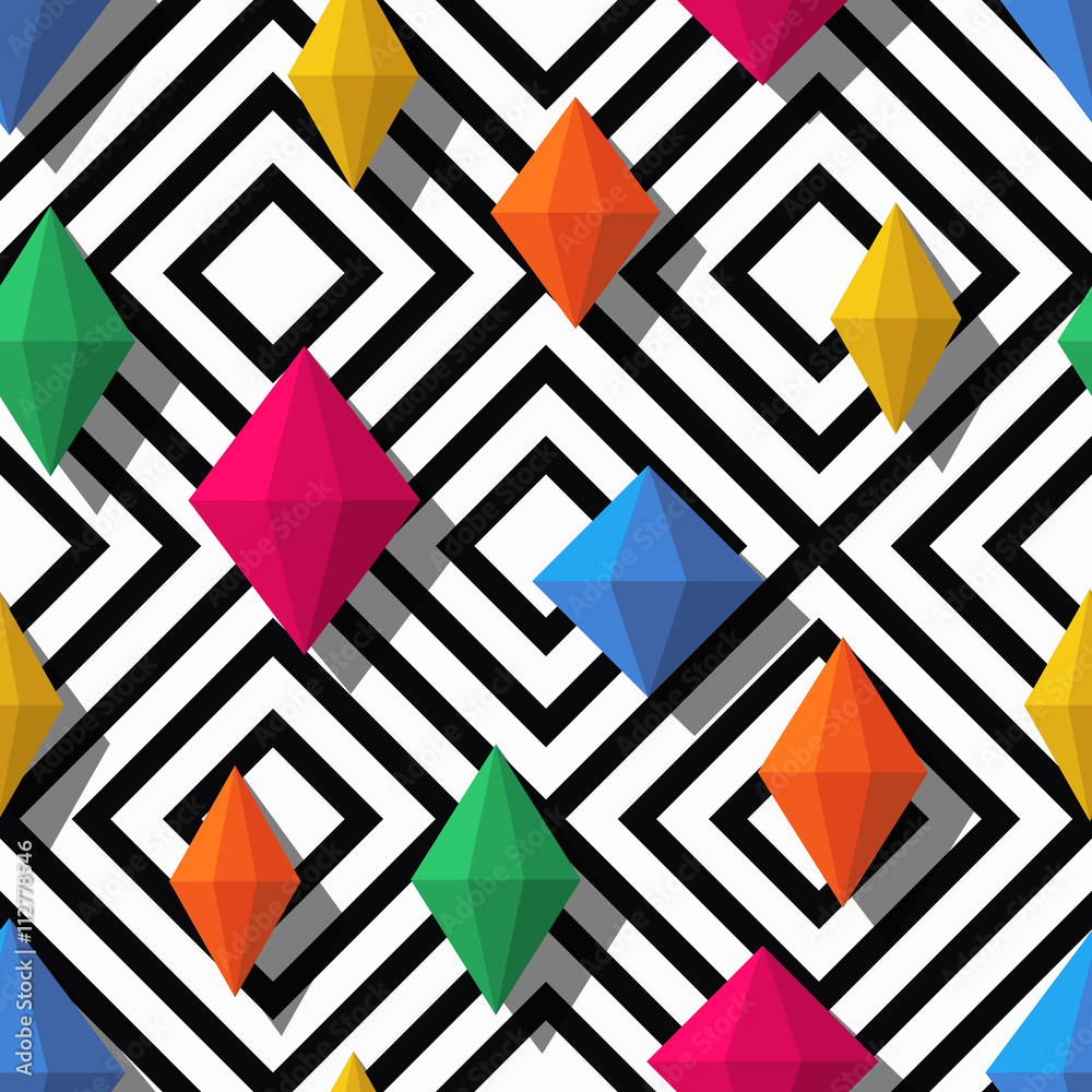 Multicolor diamonds, gems on geometric seamless pattern. 3d stylized ...