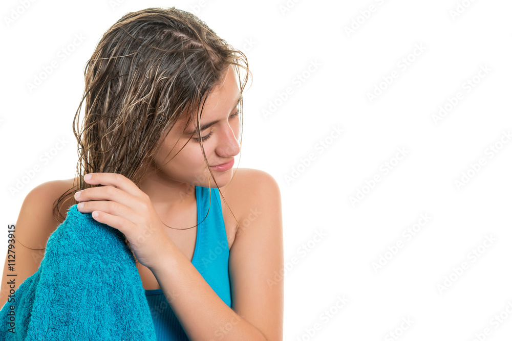Pretty teenage girl drying her wet hair with a towel Stock Photo ...