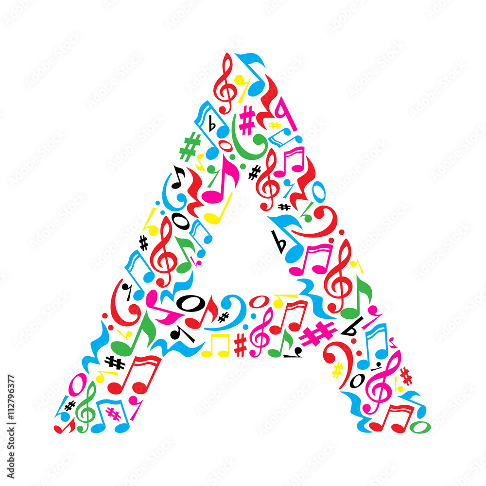 A letter made of colorful musical notes on white background. Alphabet ...