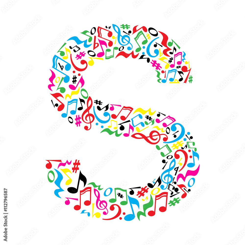 S letter made of colorful musical notes on white background. Alphabet ...