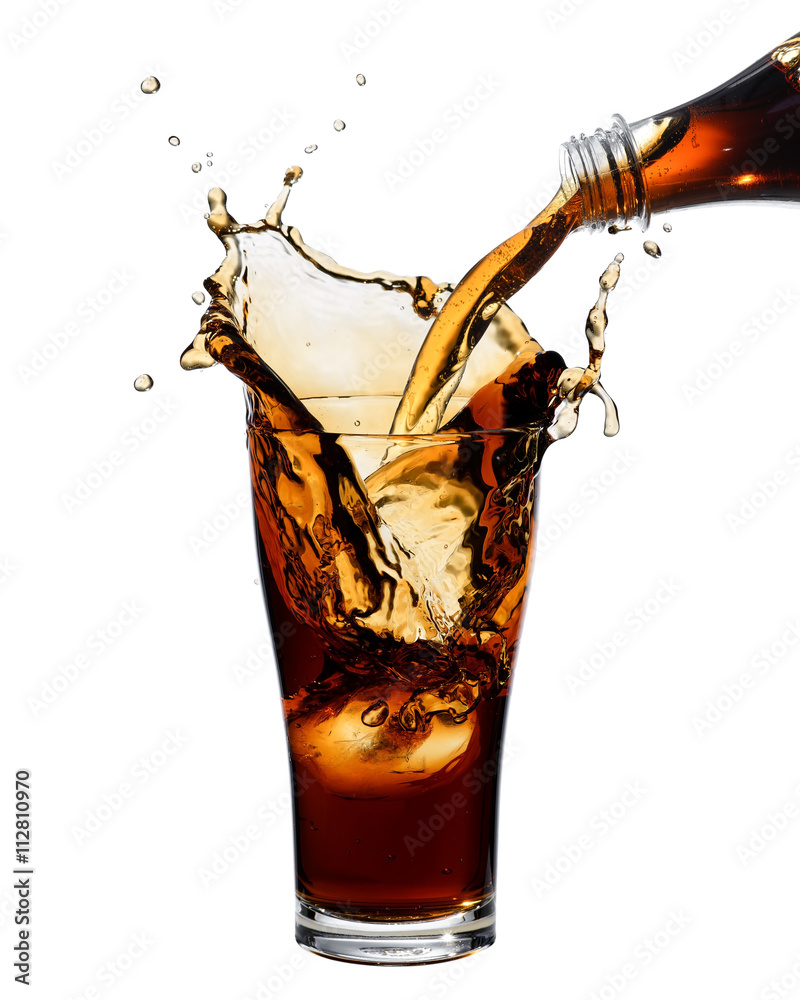 Pouring cola from bottle into glass with splashing., Isolated white ...