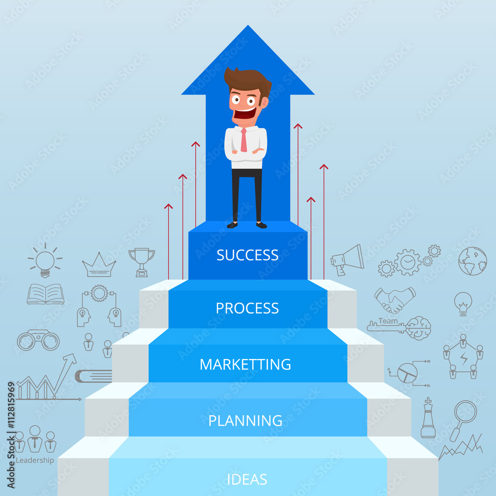 Businessman going up to success, staircase with icon and elements to ...