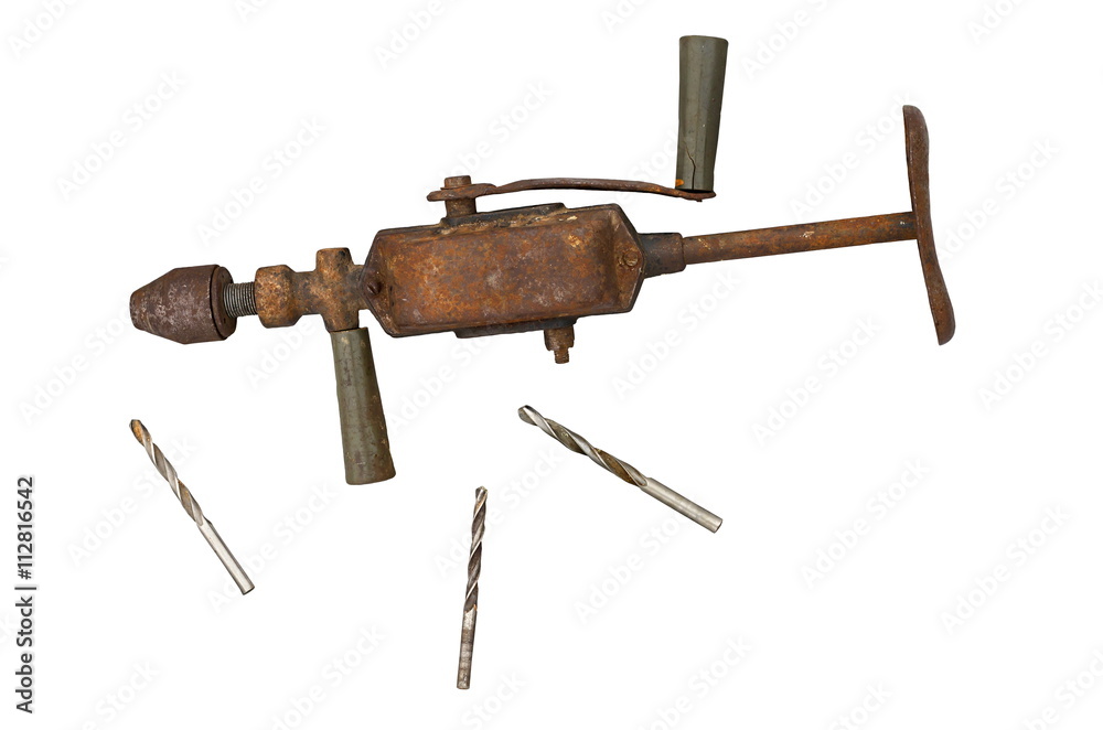 old rusty drill and bits isolated on white background Stock-Foto ...