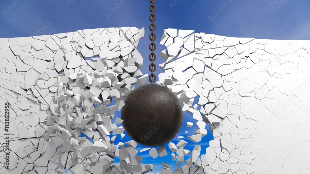 Metallic rusty wrecking ball breaking the wall, with blue sky. 3D ...