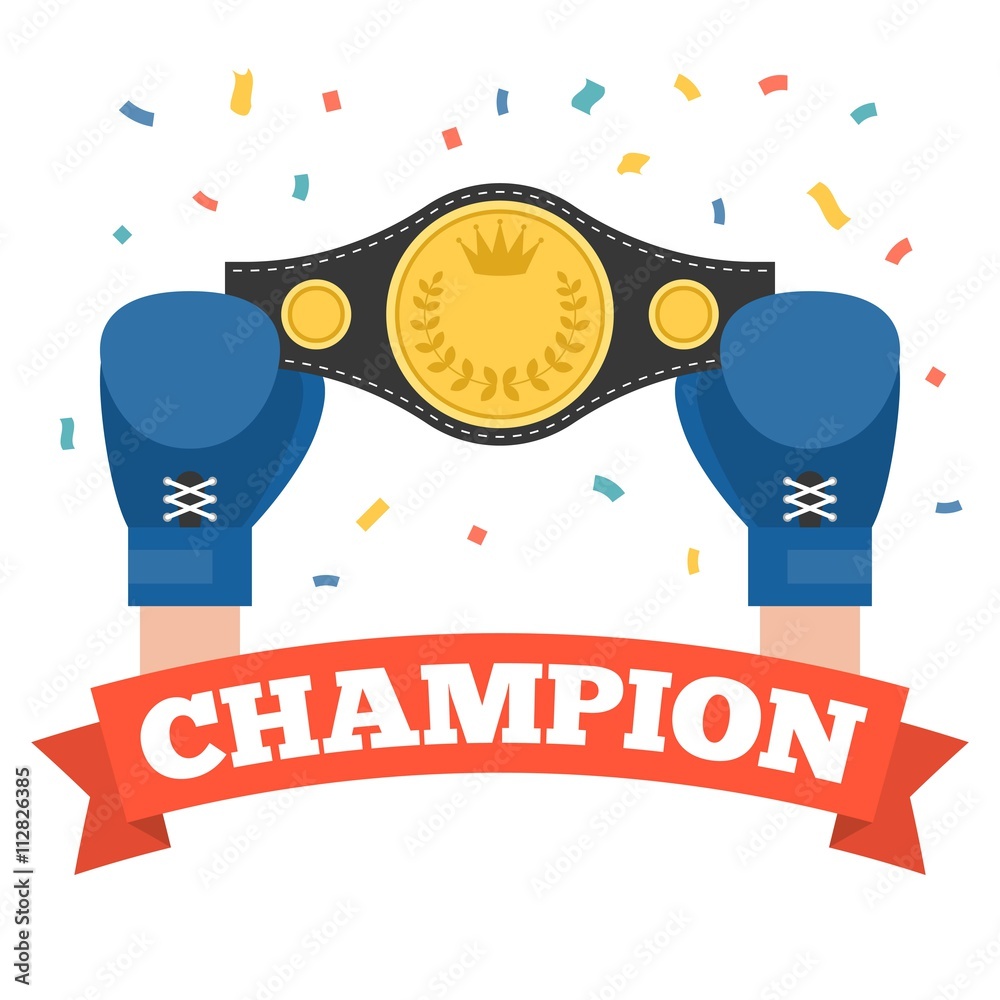 boxing holding championship belt with champion red ribbon, winner ...
