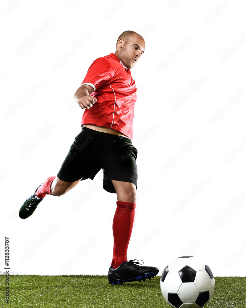 football player kicking ball in free kick shooting action isolated on ...