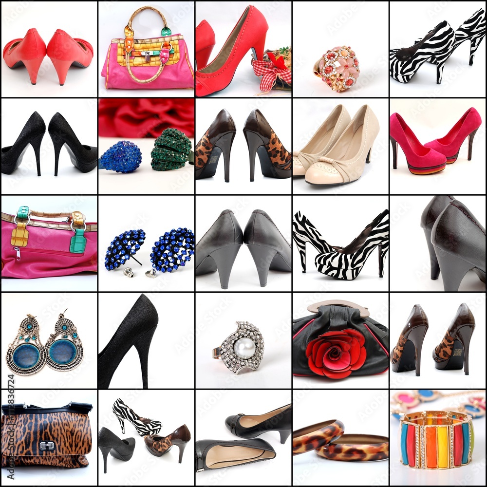 collage of high heels,jewellry and fashion bags foto de Stock | Adobe Stock