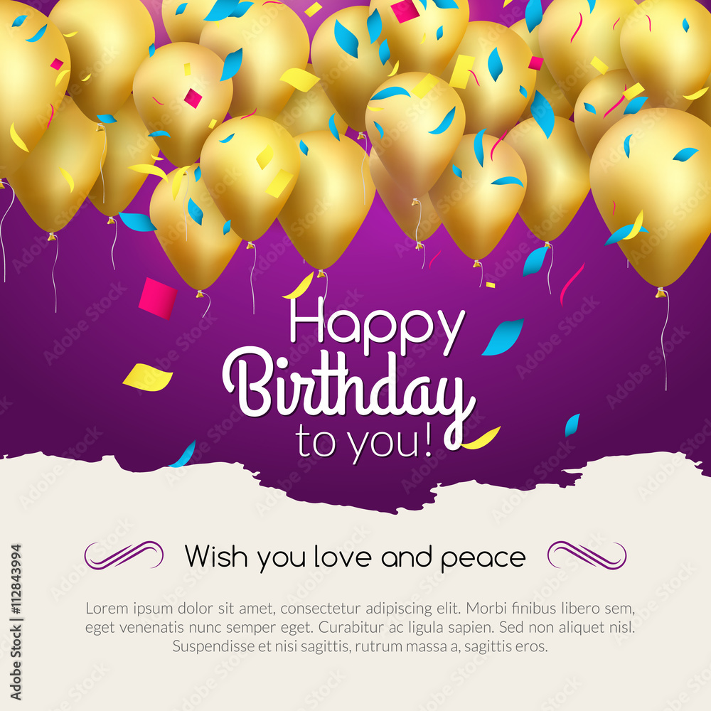 Vector happy birthday card with golden balloons and confetti, party ...