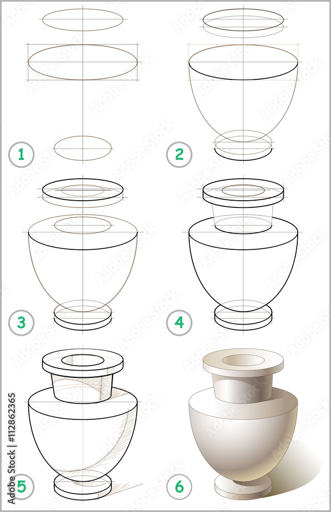 Page shows how to learn step by step to draw antique vase. Vector image ...