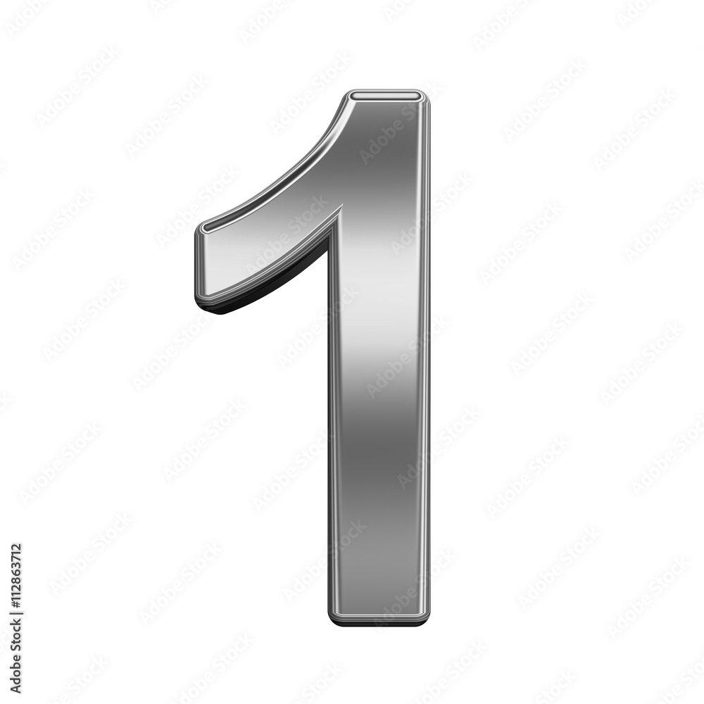 One digit from titanium alphabet set, isolated on white. 3D ...