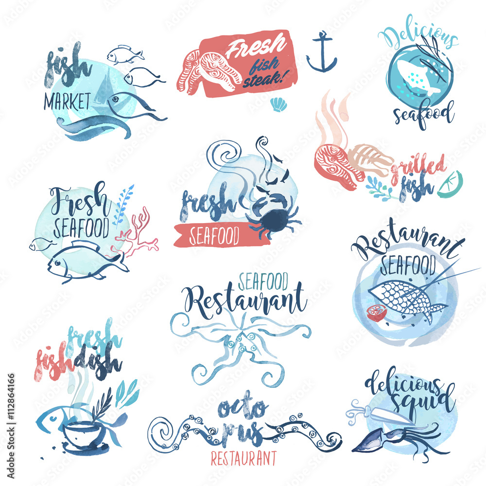 Set of hand drawn watercolor labels and signs of seafood. Vector ...
