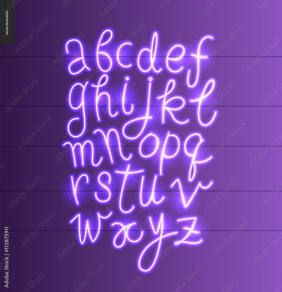 Neon alphabet volume 1 - vector illustrated script font glowing letters ...