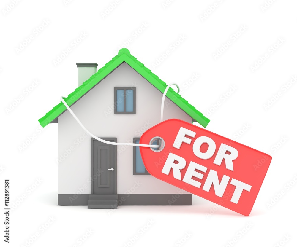 Miniature model of house real estate for rent label on white background ...