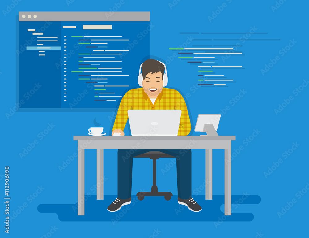 Man is working with laptop. Flat modern illustration of young happy ...