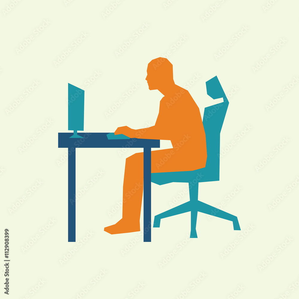 Man sits at desk and working at computer. Flat vector silhouette Stock ...