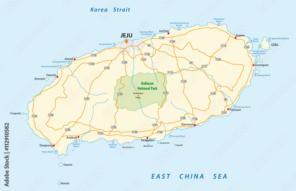 road map of the South Korean island Jeju Stock Vector | Adobe Stock