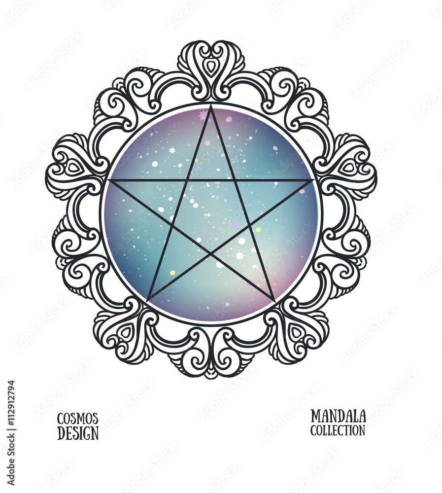 Vector pentagram with space background and mandala frame. Sacral vector ...