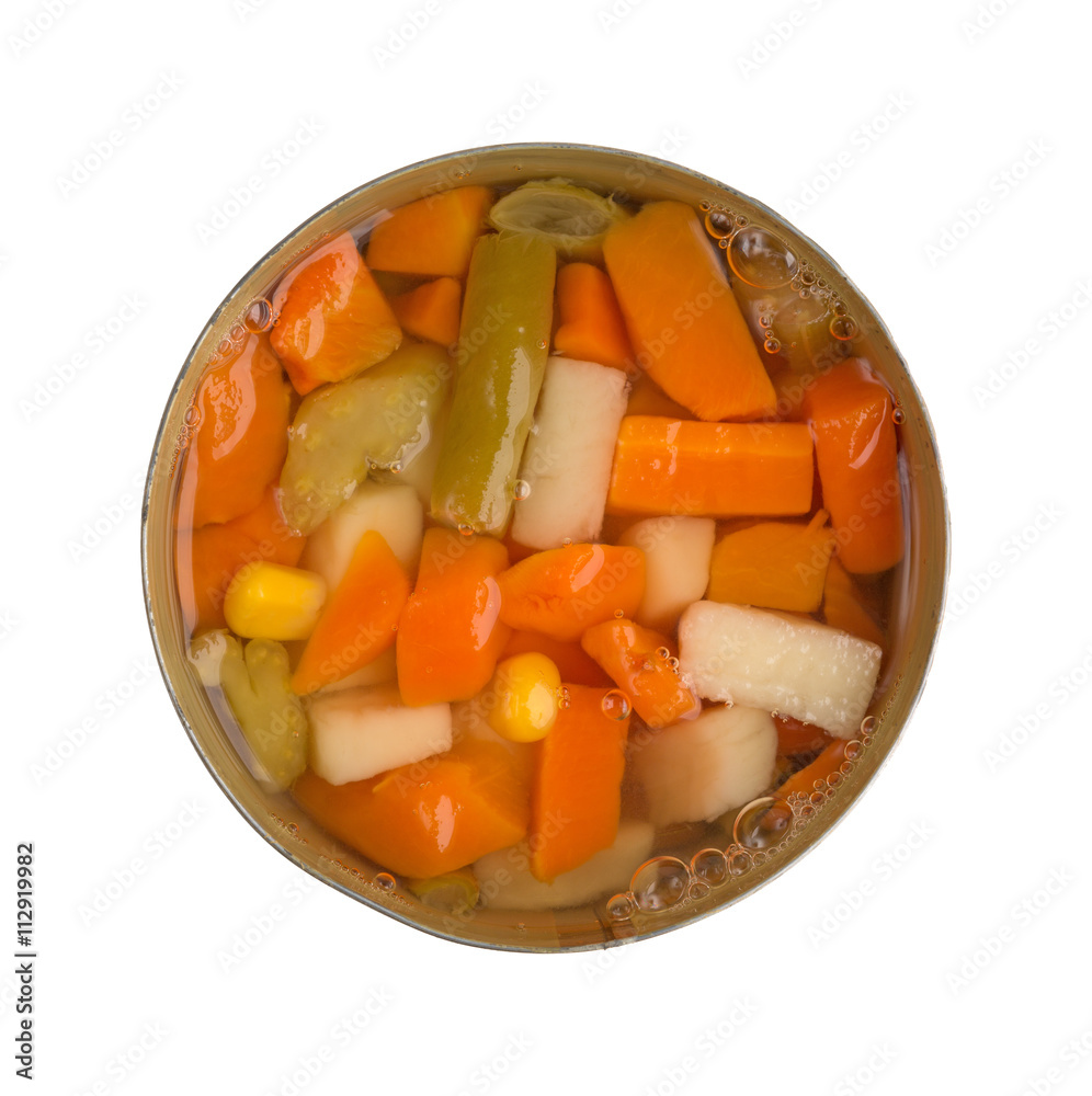 Top view of mixed vegetables in an opened can isolated on a white ...
