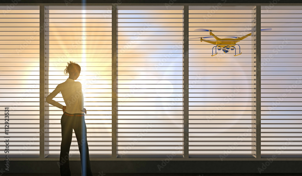 3D render of a UAV drone peering through a window with horizontal ...