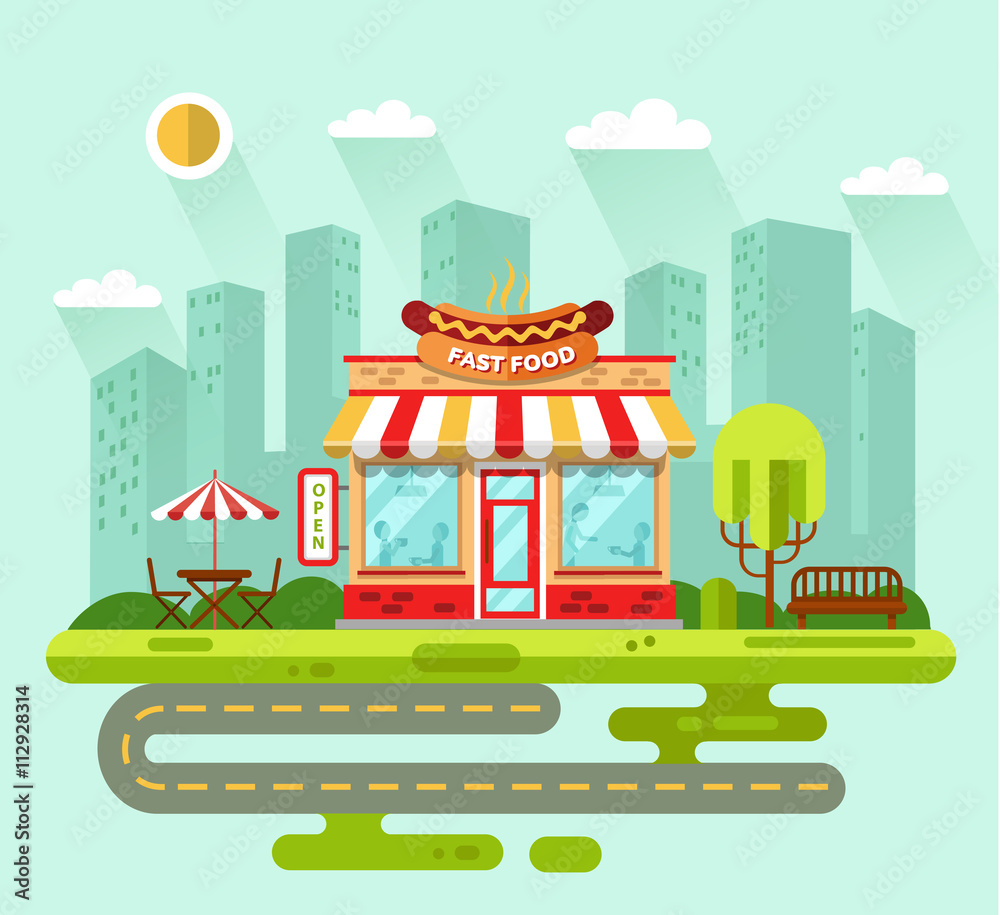 Vector flat style illustration of City landscape with nice fast food ...