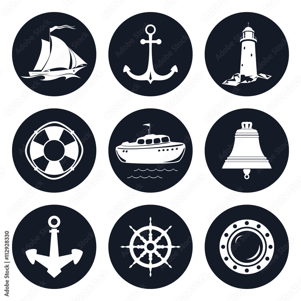 Set of Round Marine Icons , Sailing Vessel and Anchor, Ship Wheel and ...