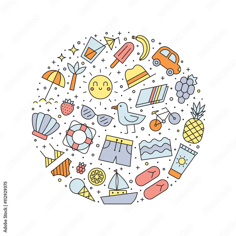 Summer beach multicolored circle illustration. Clean and simple outline ...