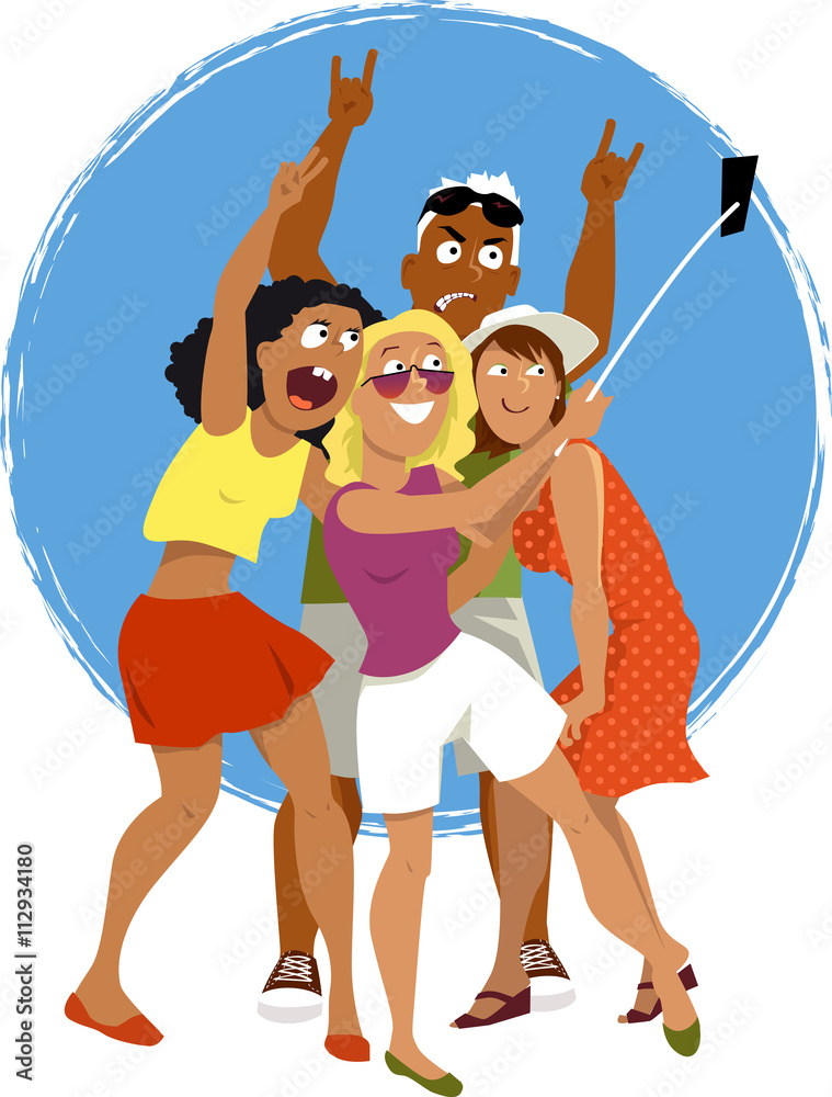 Four young friends taking a self-portrait with a smartphone attached to ...