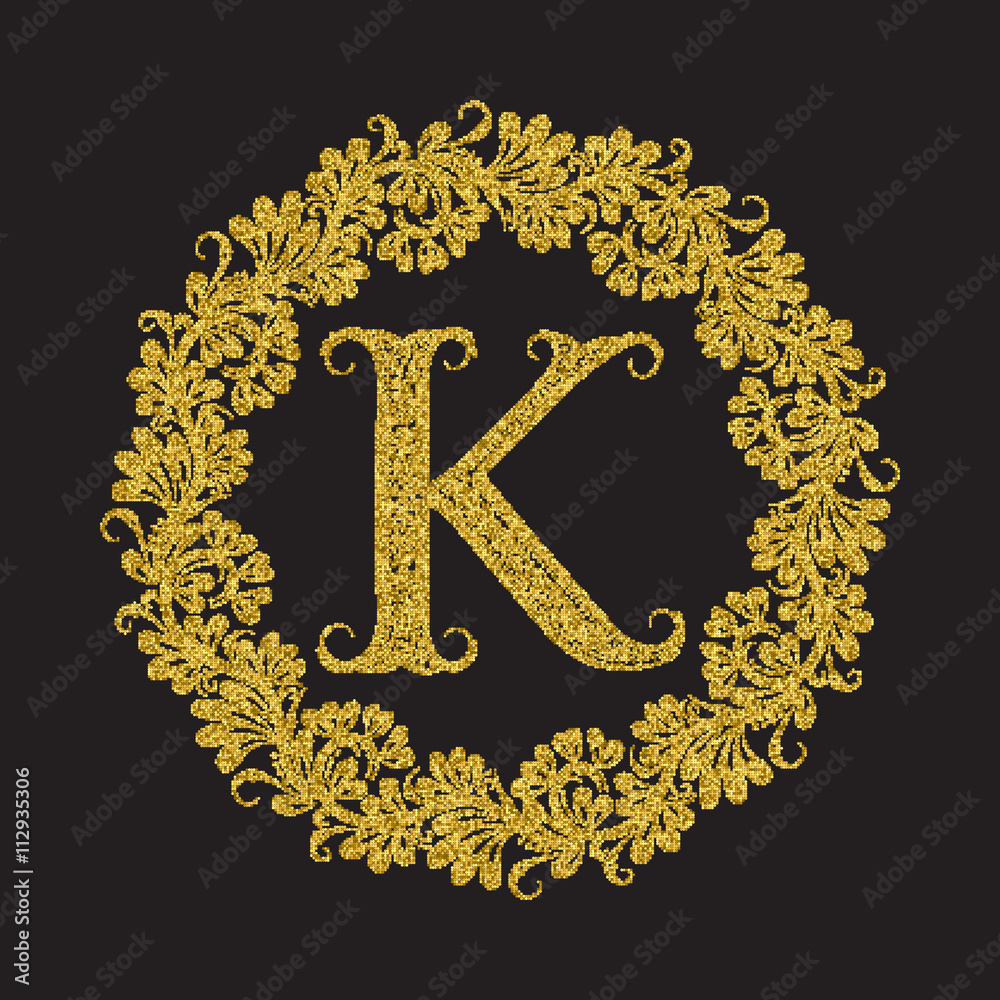 Golden glittering letter K monogram in vintage style. Heraldic circular ...