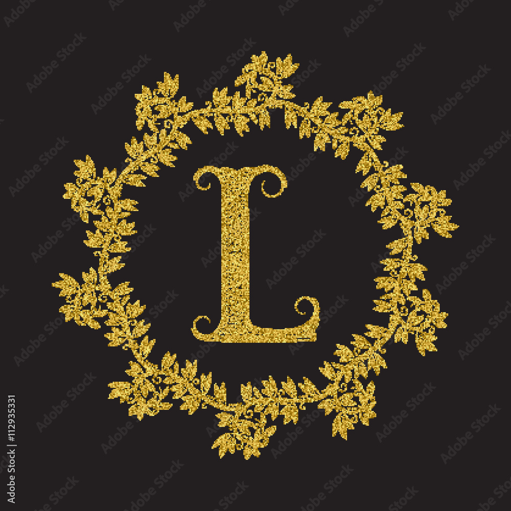 Golden glittering letter L monogram in vintage style. Heraldic circular ... Golden glittering letter L monogram in vintage style. Heraldic circular ...