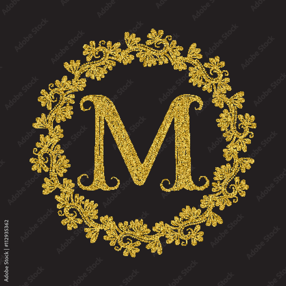 Golden glittering letter M monogram in vintage style. Heraldic circular ...