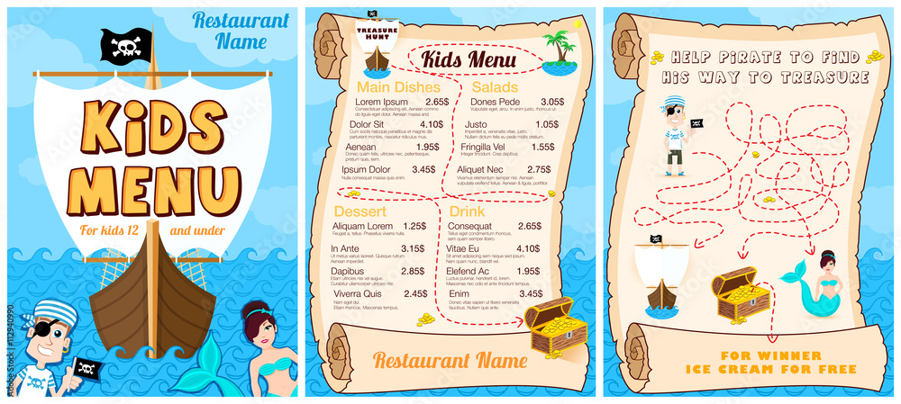 Cute colorful kids meal menu with pirates, game, mermaid. Vector ...