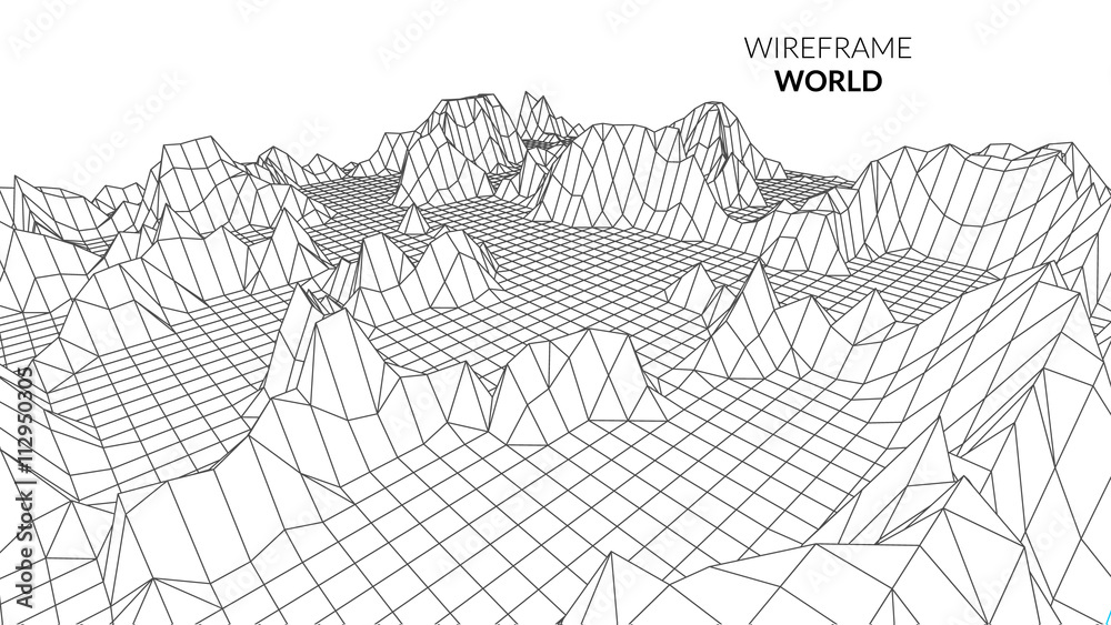 Wireframe Landscape Background. Futuristic Landscape with line Grid ...