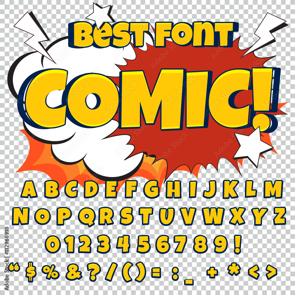 Comic blue alphabet set. Letters, numbers and figures for kids ...