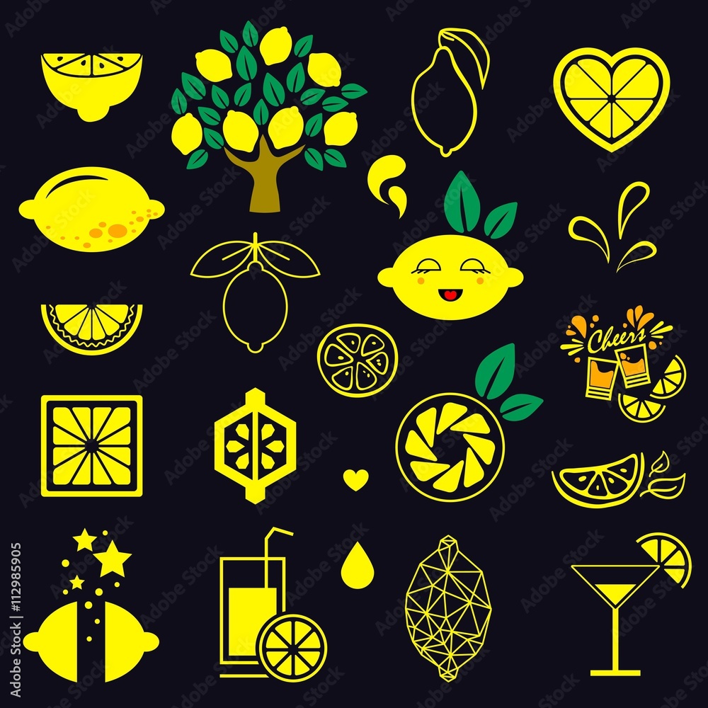 Vector lemons. Fresh lemon fruits, collection of vector illustrations ...