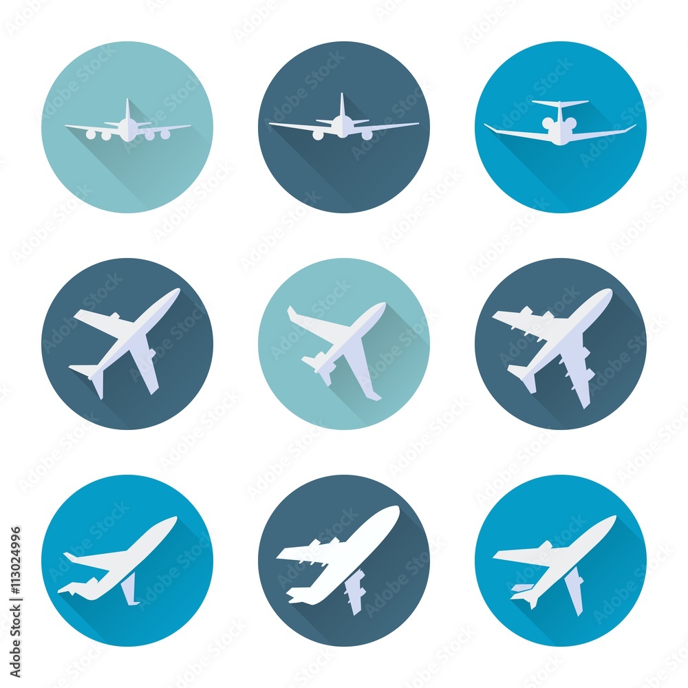 Airplane flat icons in blue circle set. Vector illustration Stock ...
