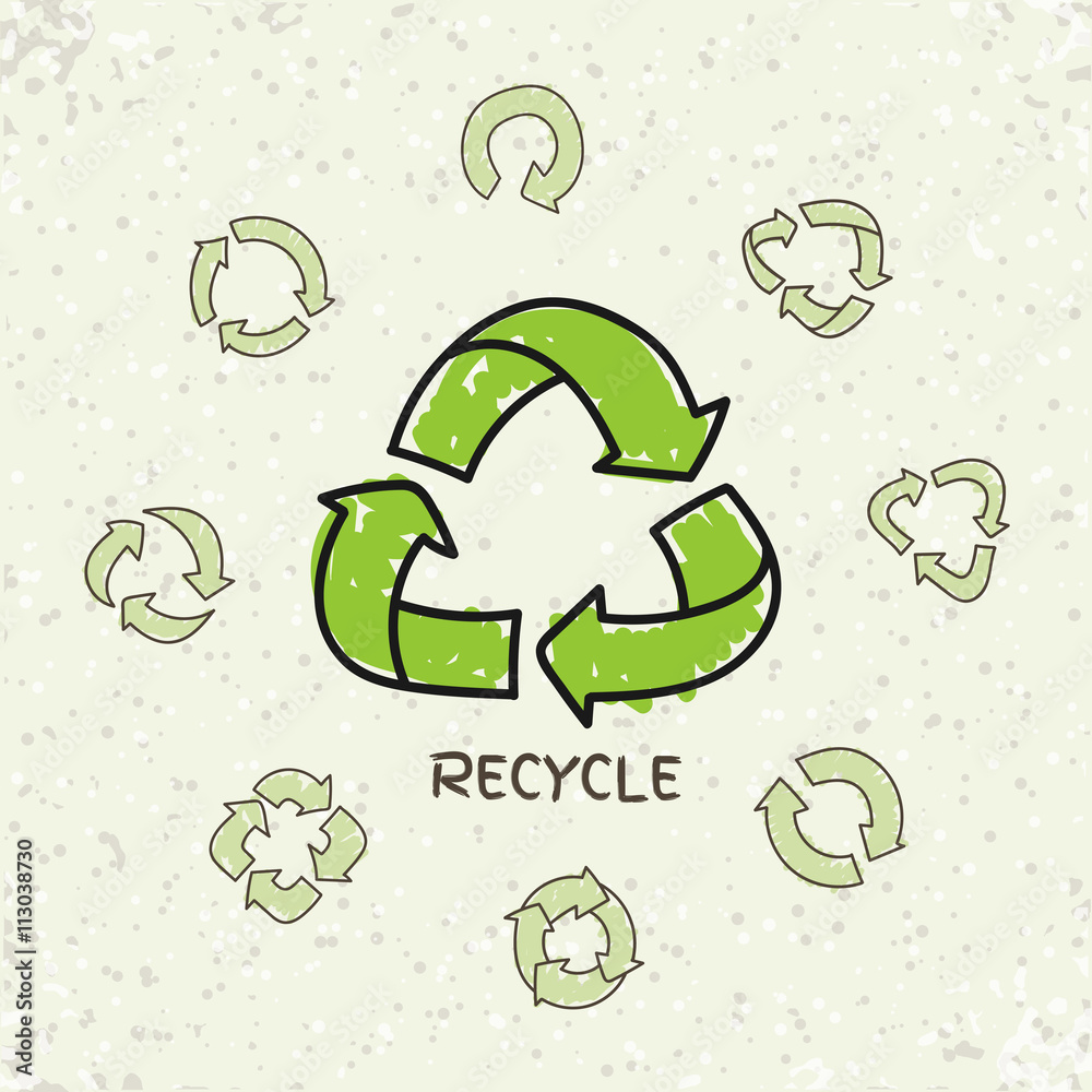 Set of hand drawn doodle recycle reuse symbols isolated on craft paper ...