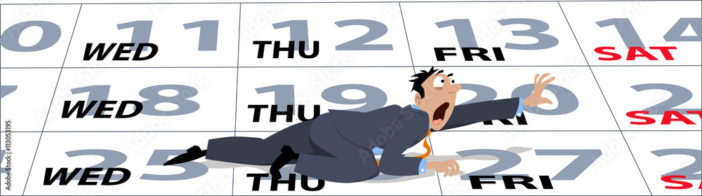 An exhausted cartoon businessman crawling on a calendar to a weekend ...