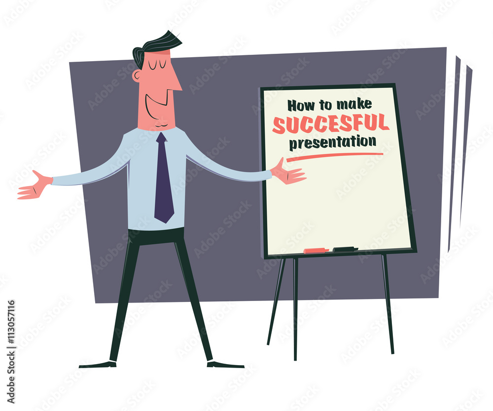 Business training presentation. Cartoon business trainer presents a ...