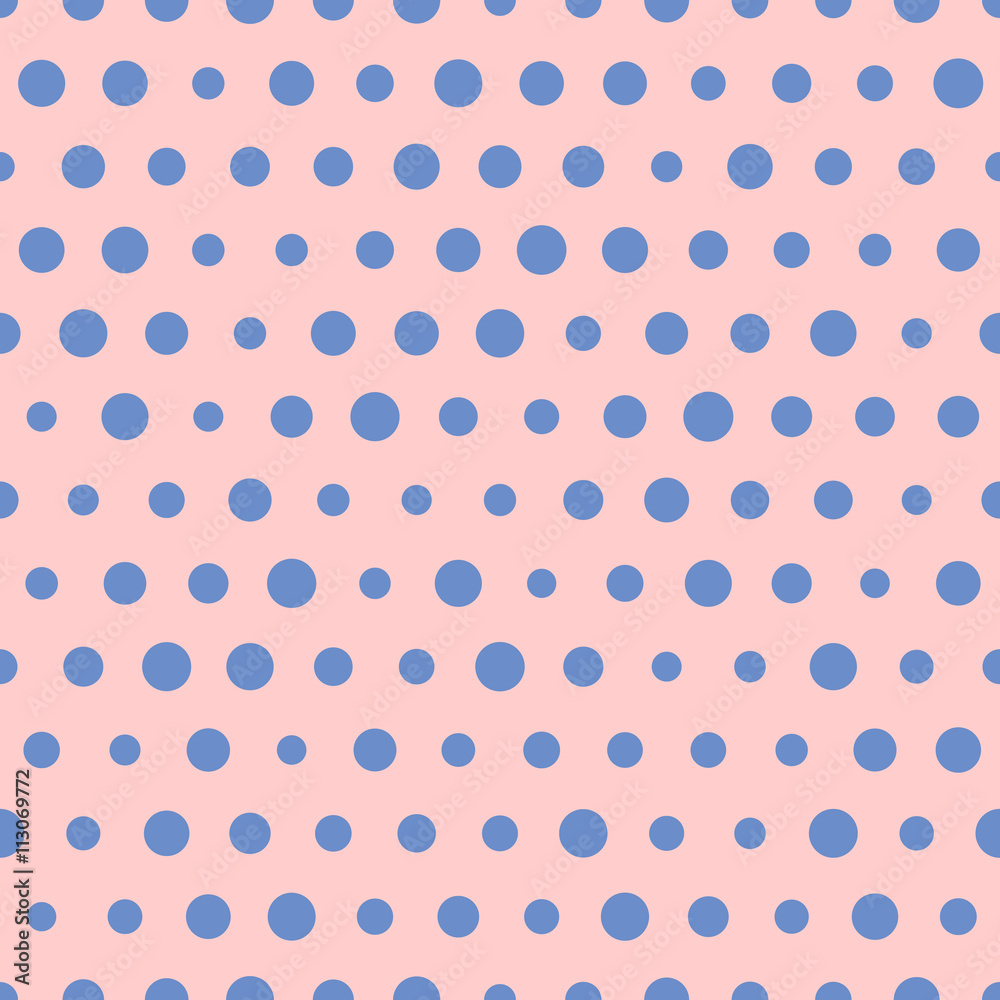 Random vector pattern of big and small blue polka dots on pink ...