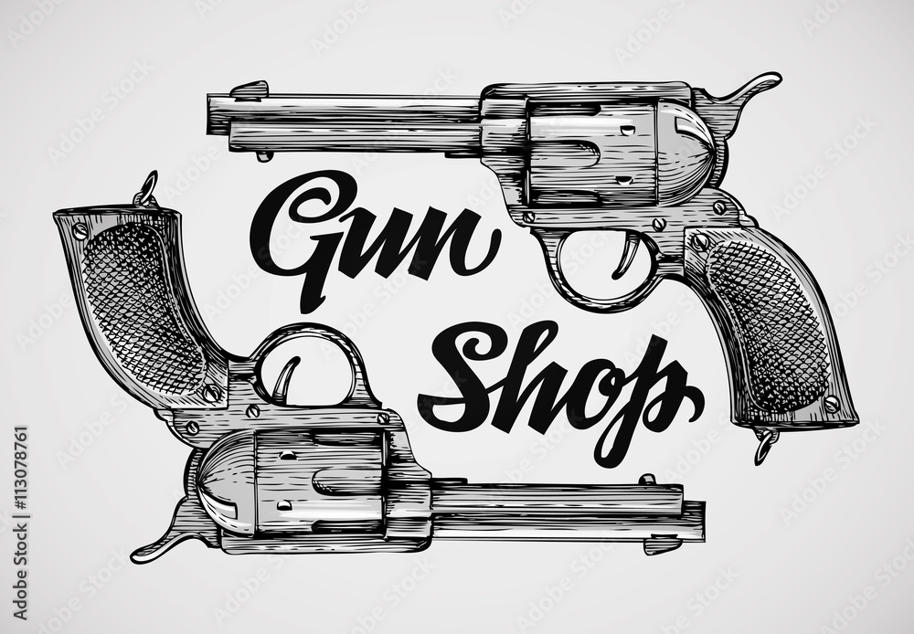 Hand-drawn pistols. Gun shop. Sketch revolver vector illustration Stock ...